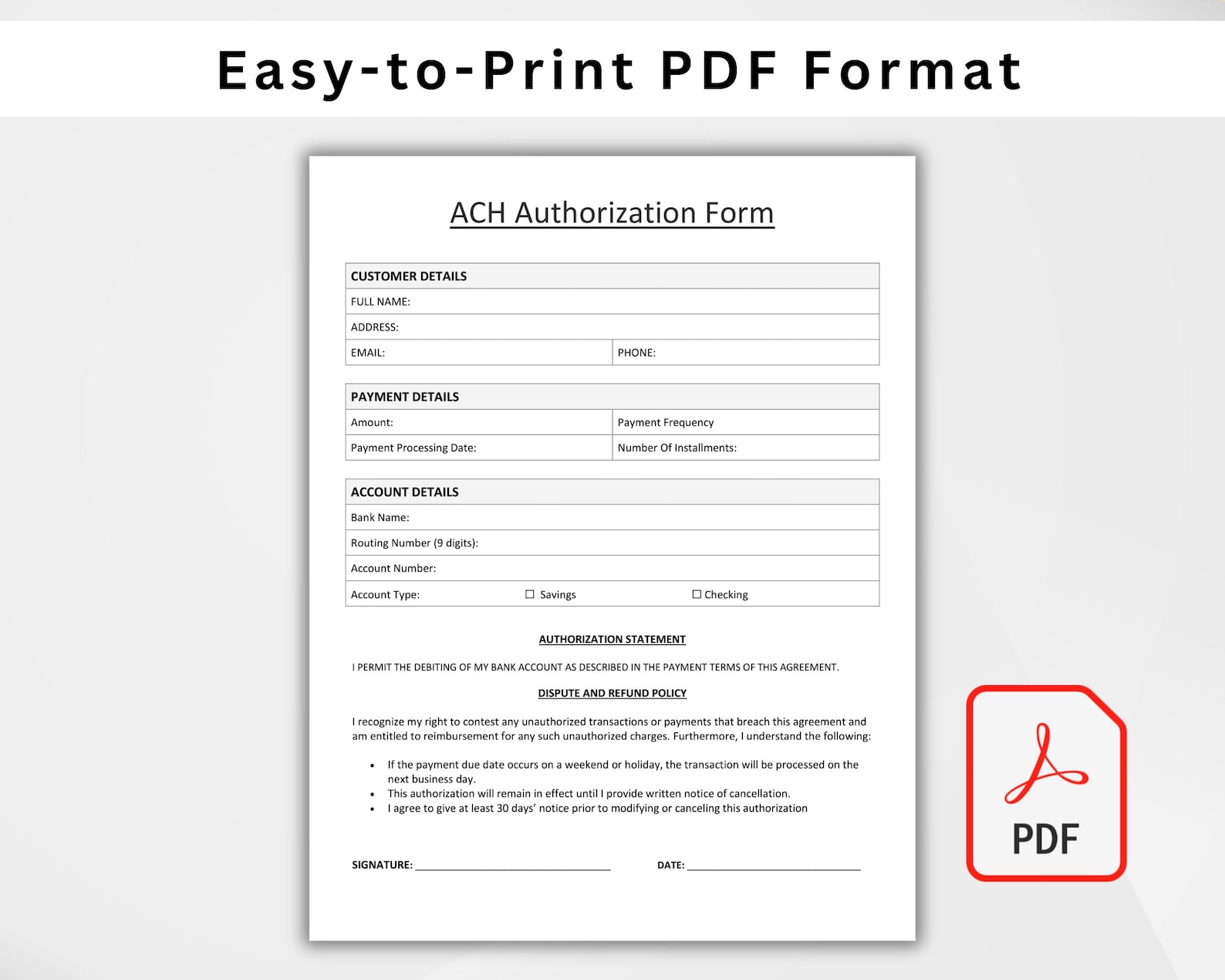 ACH Authorization Form Template. Editable Debit Authorization for ...
