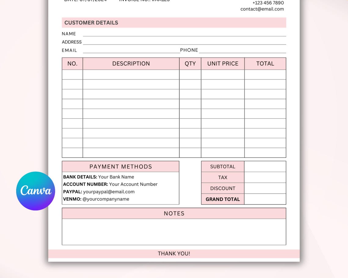 Editable Invoice Template. Invoice Form. Custom Invoice. Small Business ...