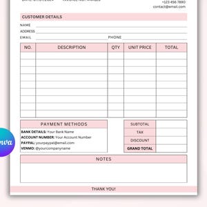 Editable Invoice Template. Invoice Form. Custom Invoice. Small Business ...