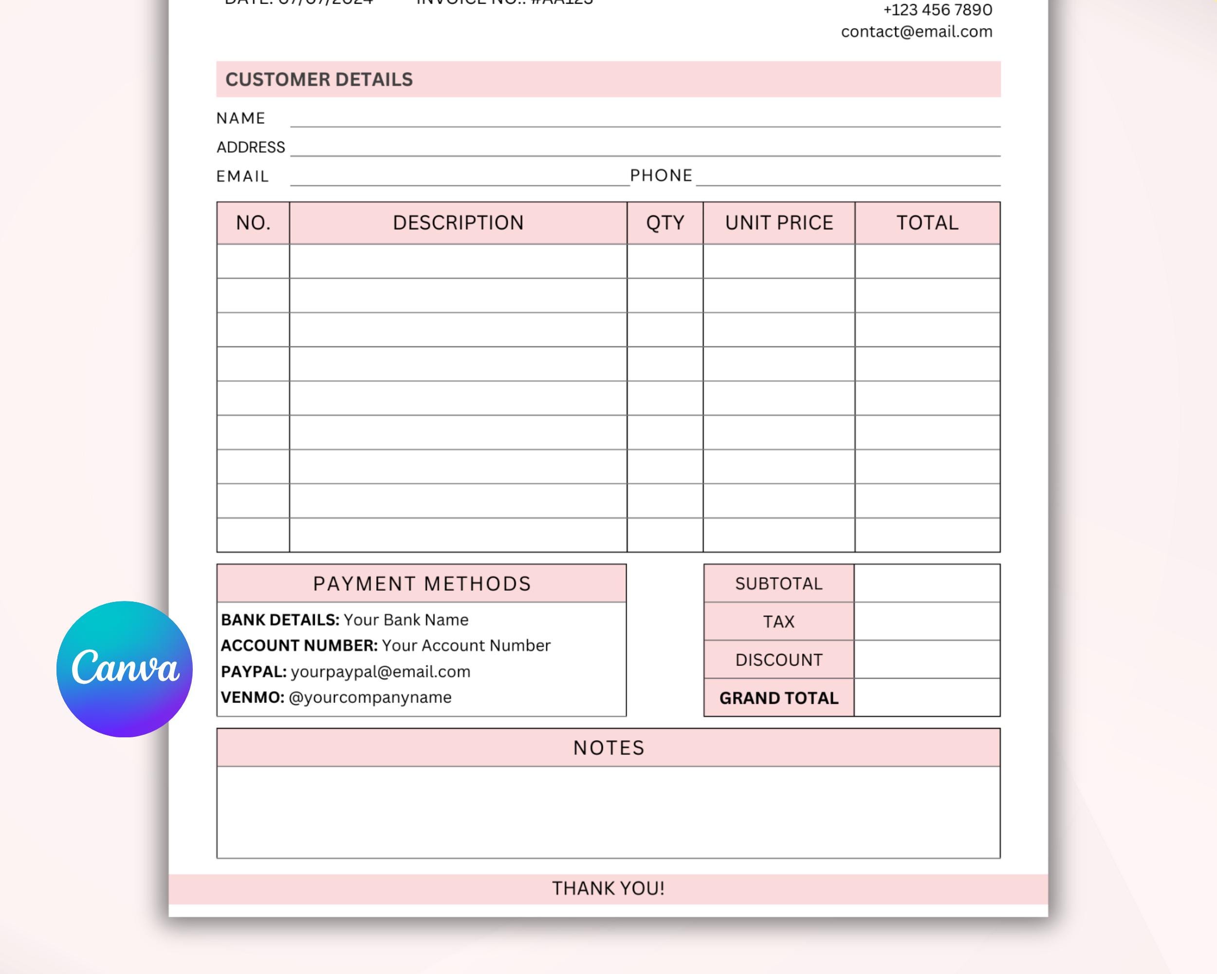 Editable Invoice Template. Invoice Form. Custom Invoice. Small Business ...