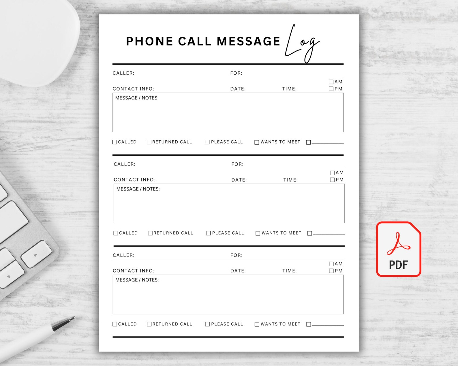 Phone Call Log Printable PDF, Telephone Message Log for Office ...