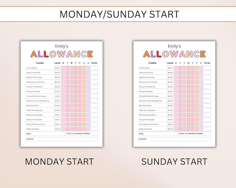 Allowance Chart for Kids. Allowance Chore Chart. Printable Allowance ...
