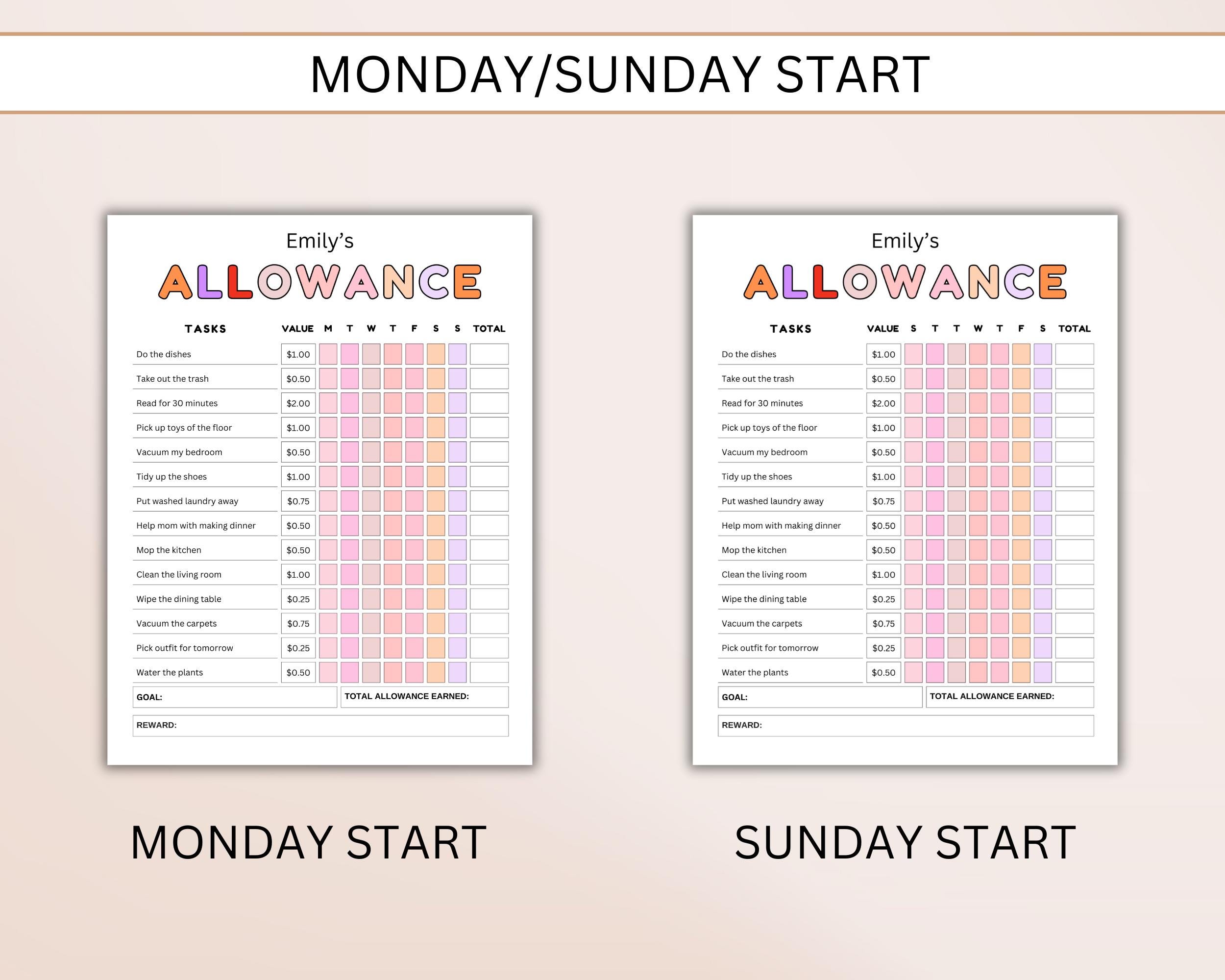 Allowance Chart for Kids. Allowance Chore Chart. Printable Allowance ...