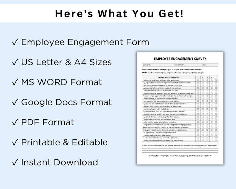 Printable Employee Engagement Survey Template | HR Survey Form ...