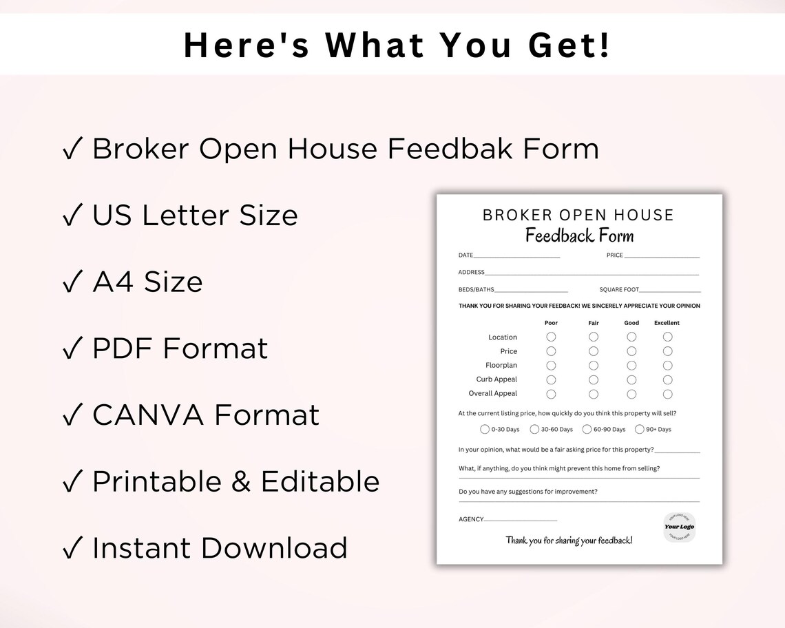 EDITABLE Broker Open House Feedback Form. Printable Real Estate Agent ...