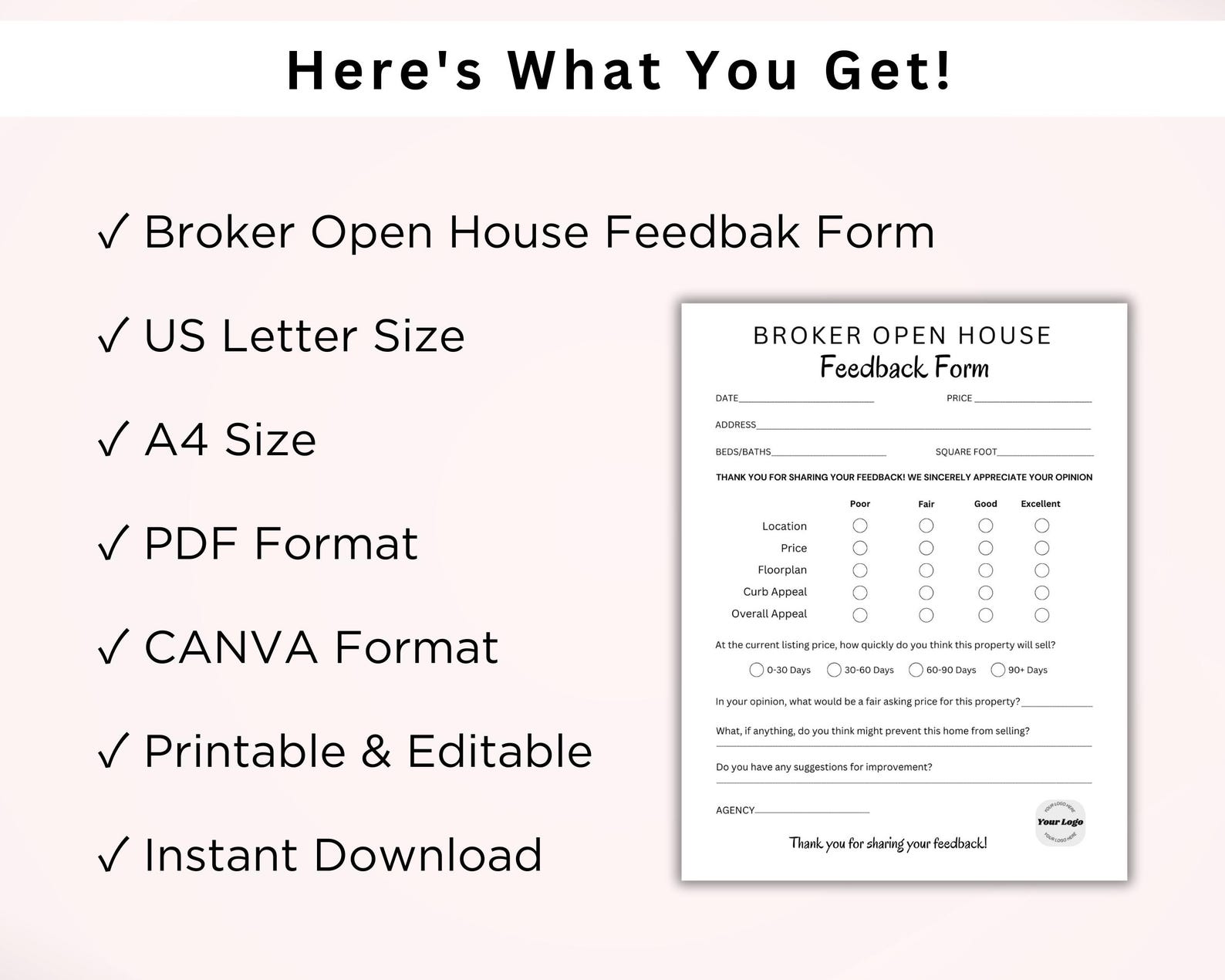 EDITABLE Broker Open House Feedback Form. Printable Real Estate Agent ...