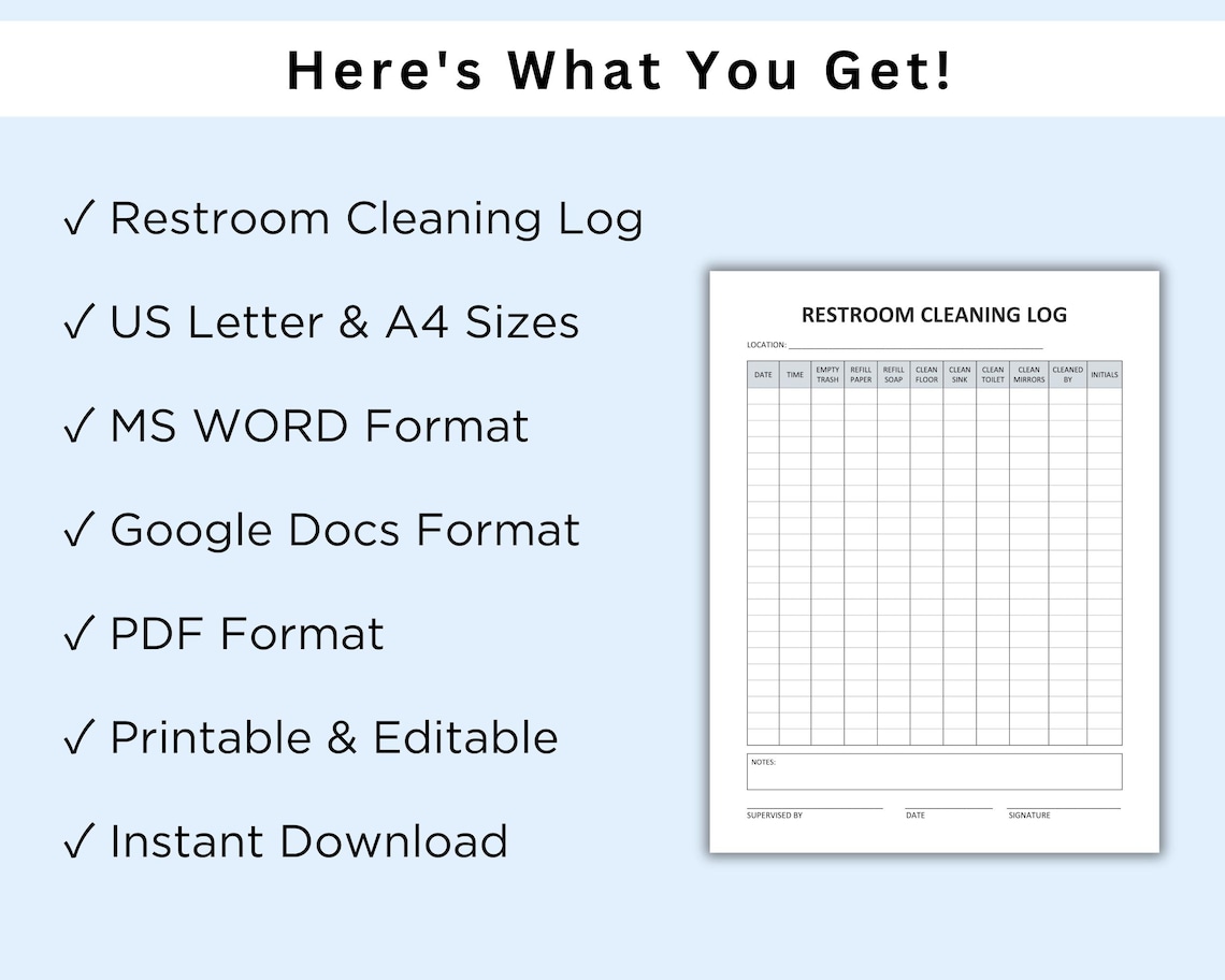 Restroom Cleaning Log. Small Business Cleaning Checklist. Bathroom ...