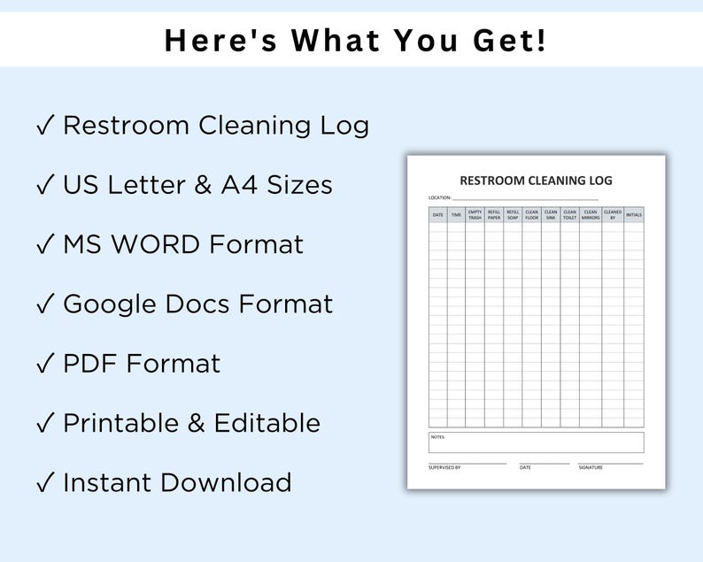 Restroom Cleaning Log. Small Business Cleaning Checklist. Bathroom ...