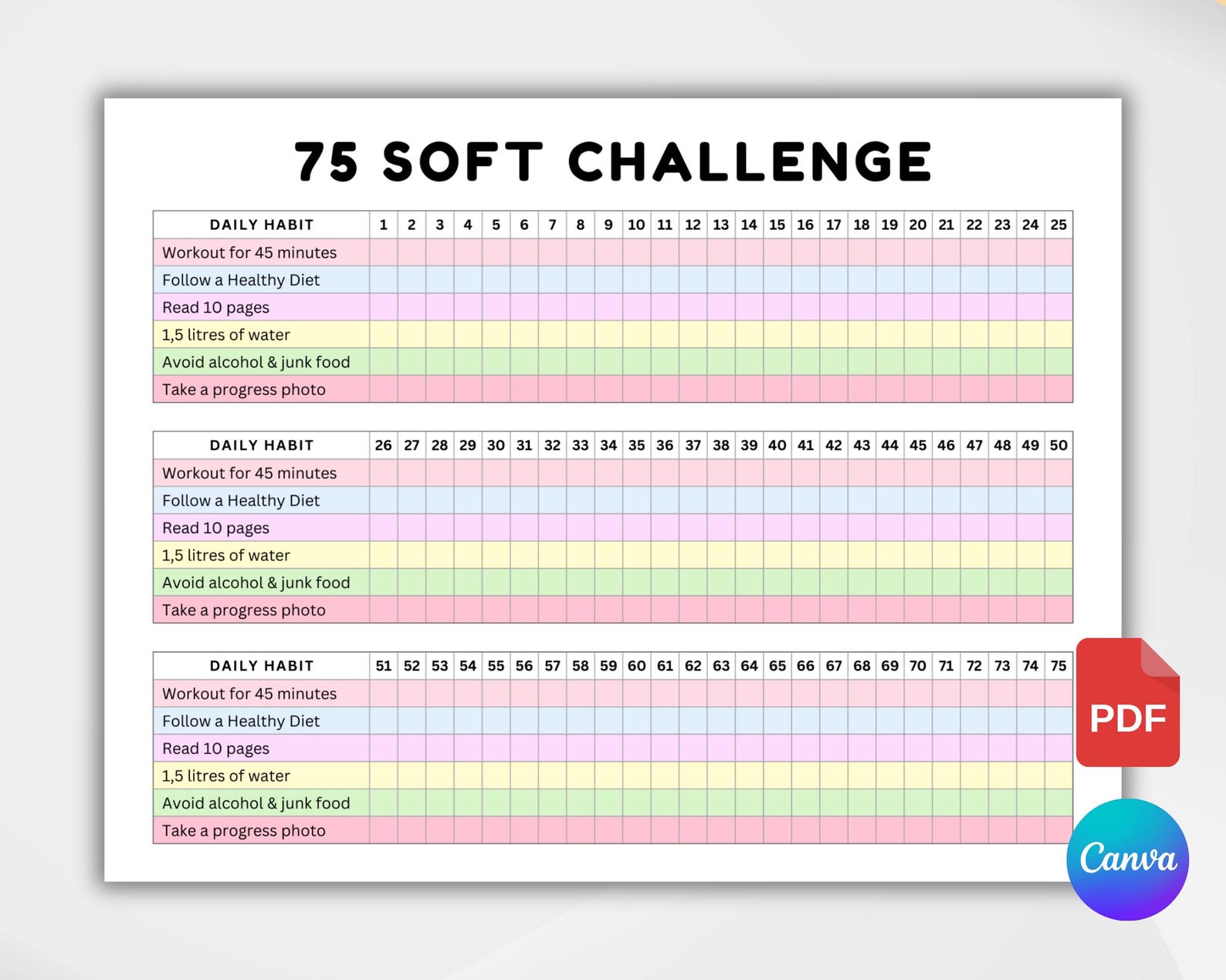 PRINTABLE 75 Soft Challenge Tracker. Daily 75 Soft Challenge Journal ...