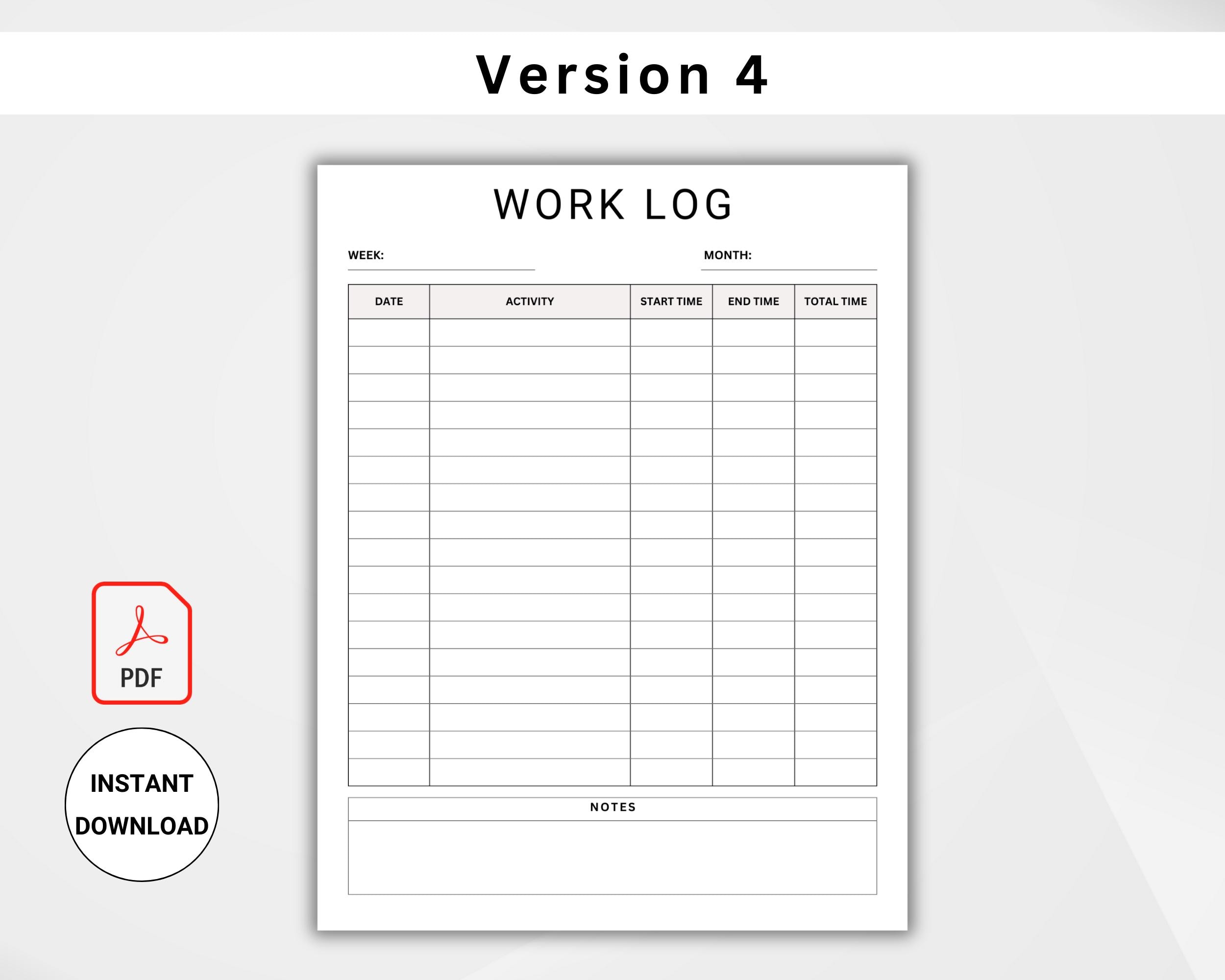 6 Work Log Printable. Time Log. Working Hours Log. Activity Tracker for ...