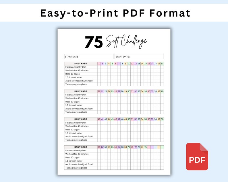 75 Soft Challenge Tracker. Daily Habit Tracker. Digital Download - Etsy