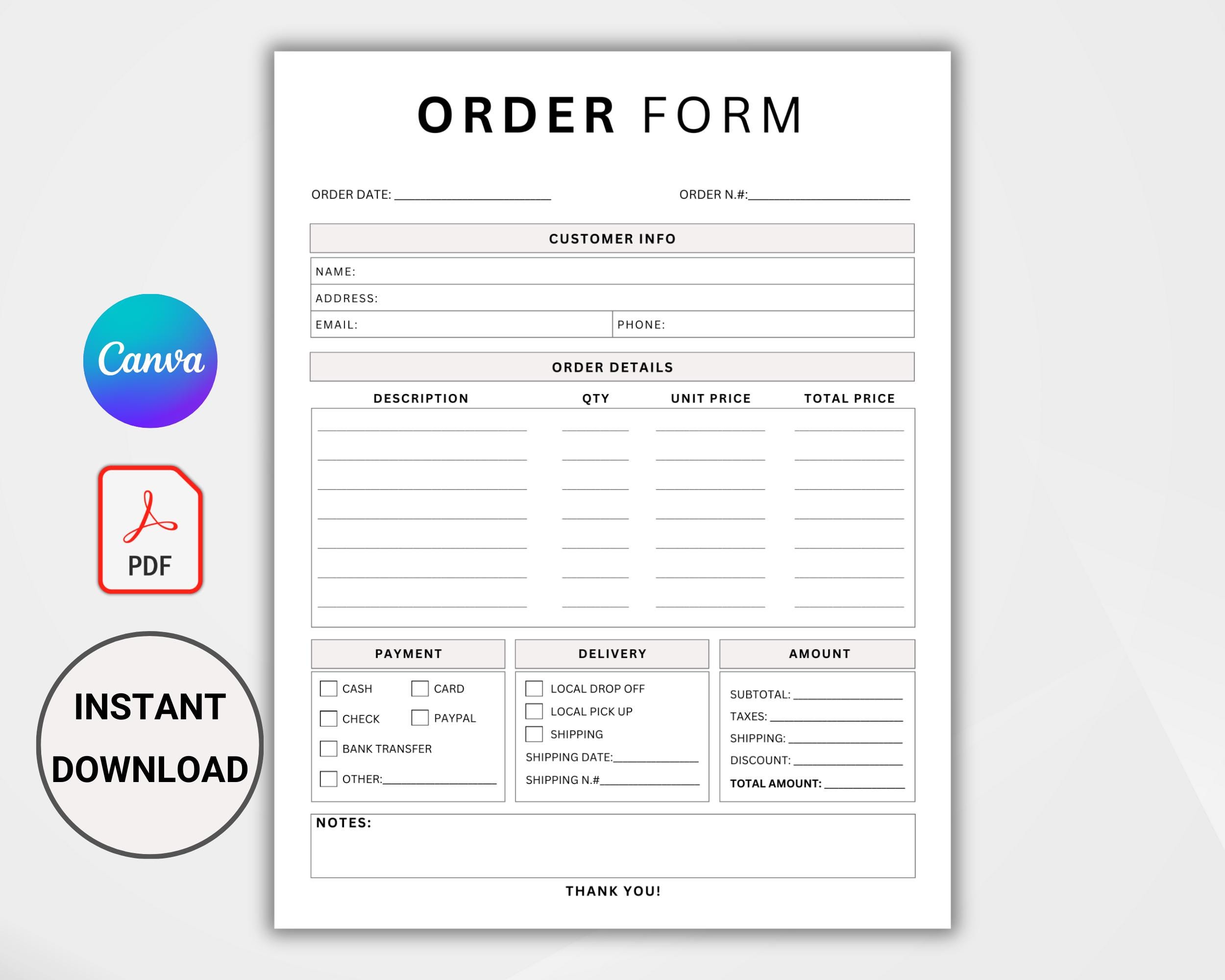 Editable Order Form Template. Printable Small Business Order Form ...