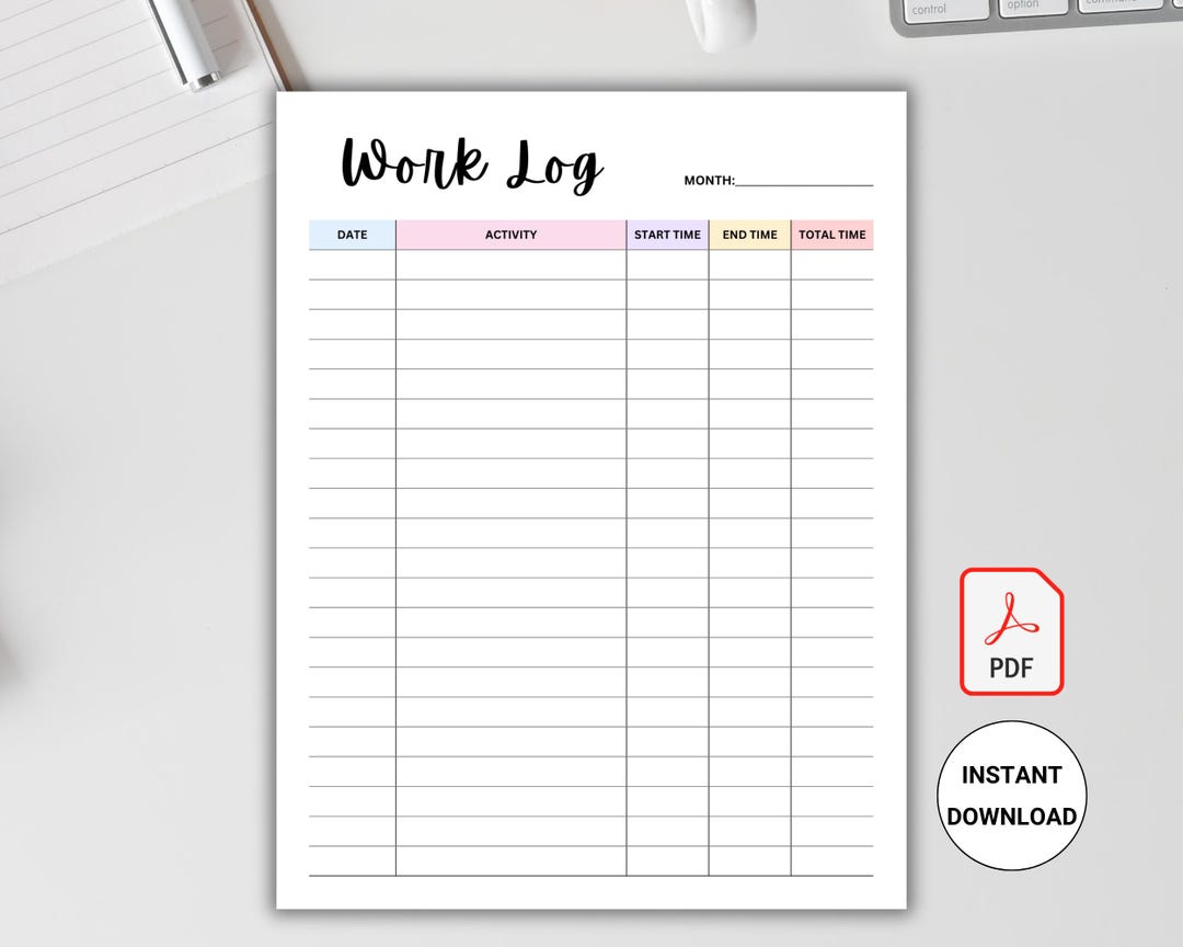 Work Log Printable PDF, Time Sheet Log, Working Hours Log, Work ...