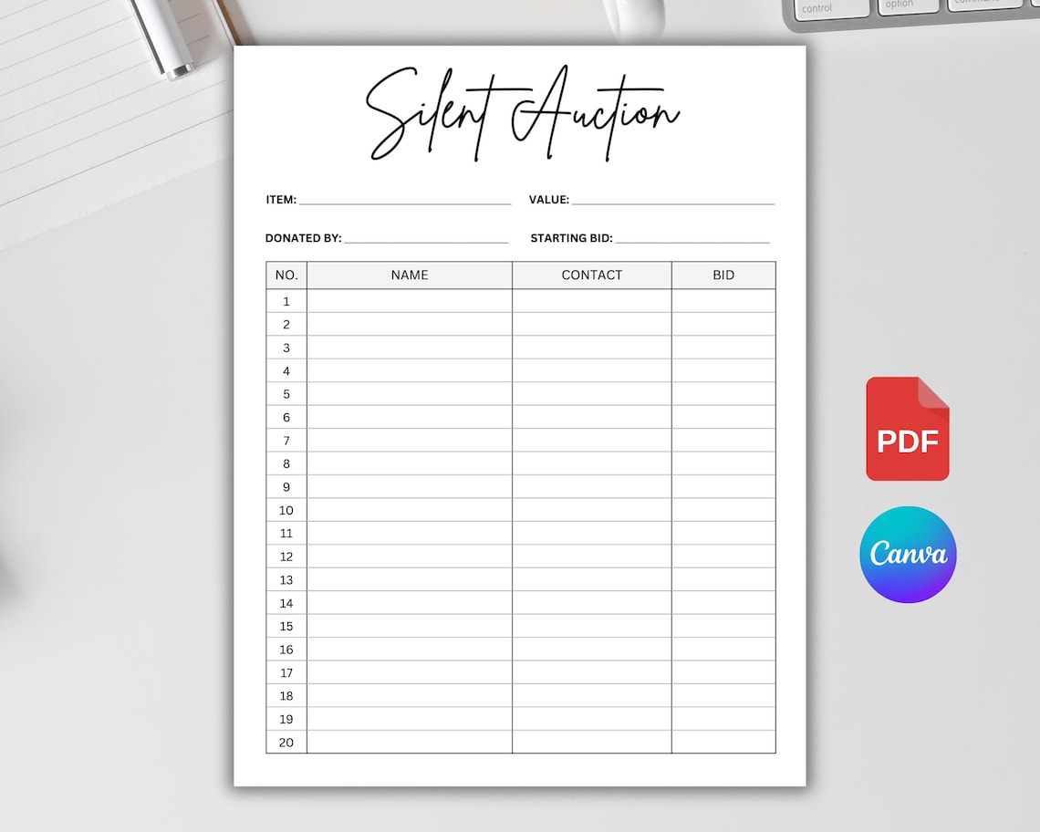Editable Silent Auction Template | Printable Bid Sheet | Silent Auction ...
