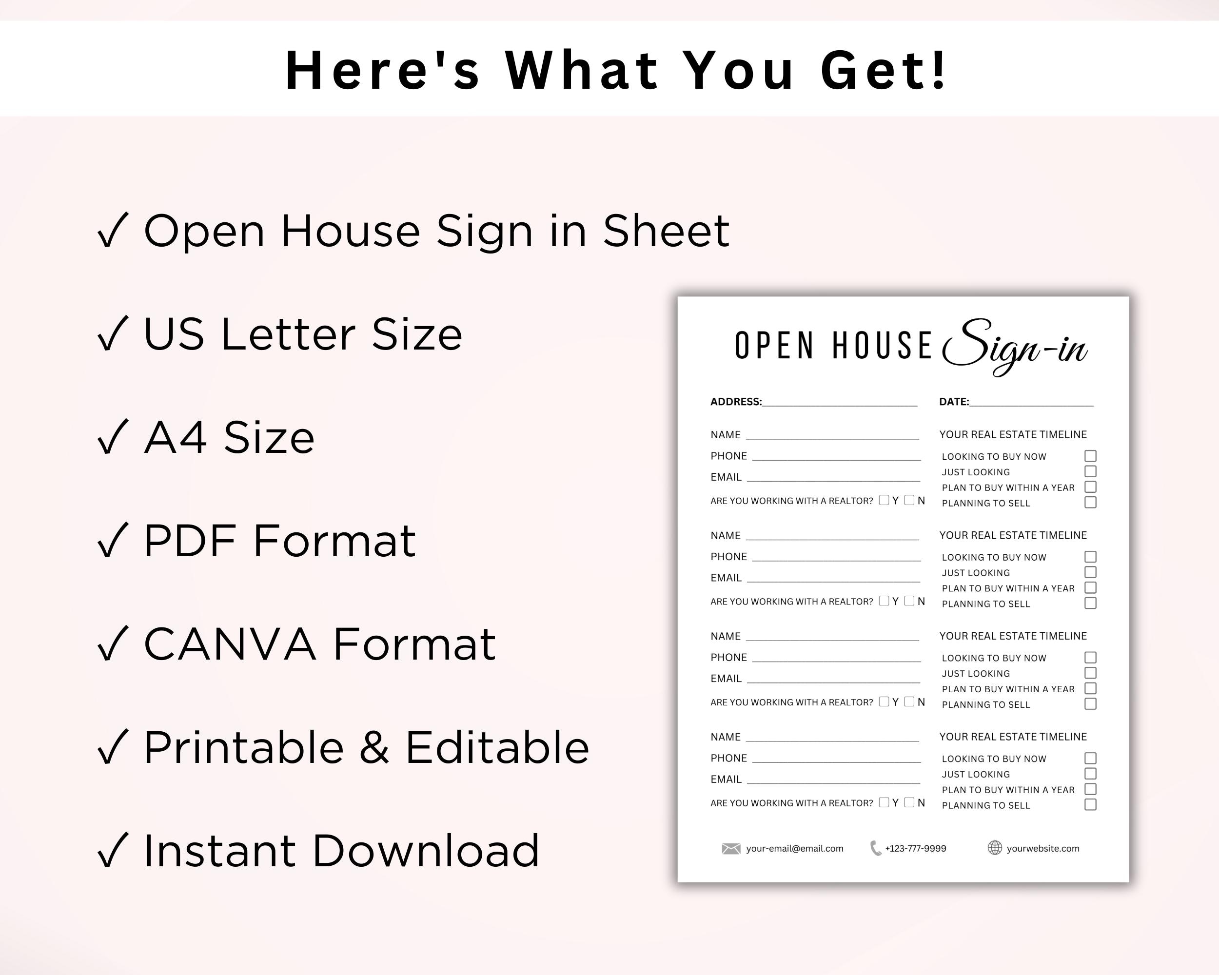 Open House Sign-in Sheet, Elegant Real Estate Marketing, Real Estate ...