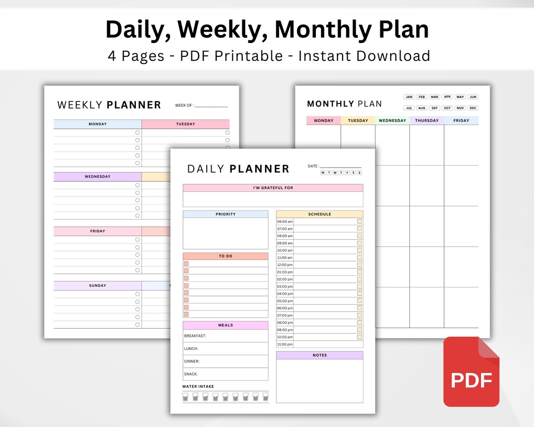 Printable Daily Weekly Monthly Planner. Daily Planner. Weekly Planner ...
