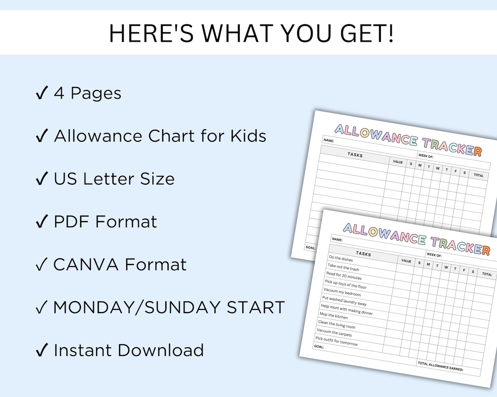 Editable Allowance Chart for Kids, Printable Chore Reward Chart, Earn ...