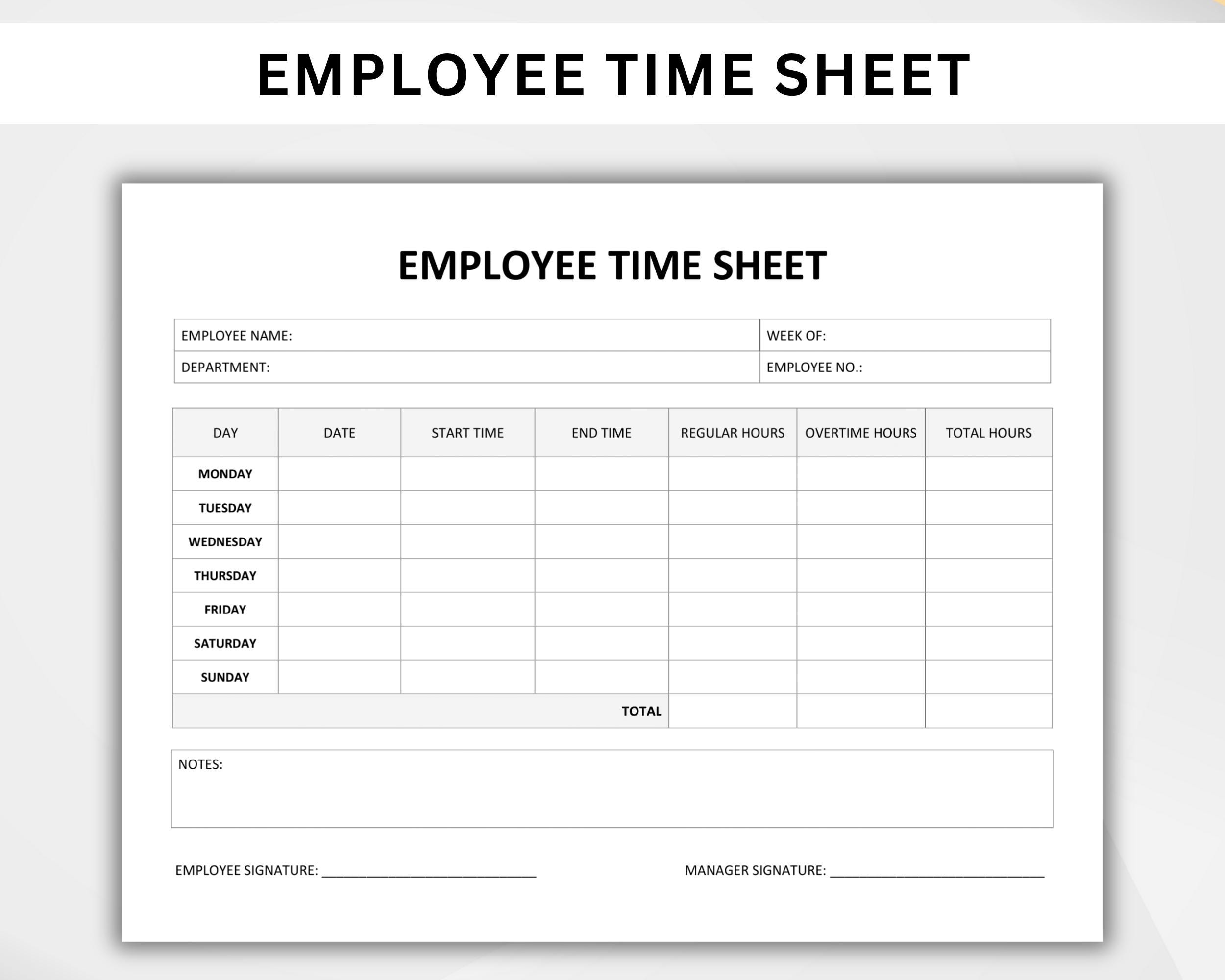 EDITABLE Employee Time Sheet. Hours Worked Log. Weekly Time Tracker ...