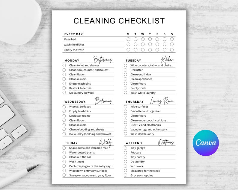 EDITABLE Weekly Cleaning Checklist Cleaning Schedule Printable Cleaning ...