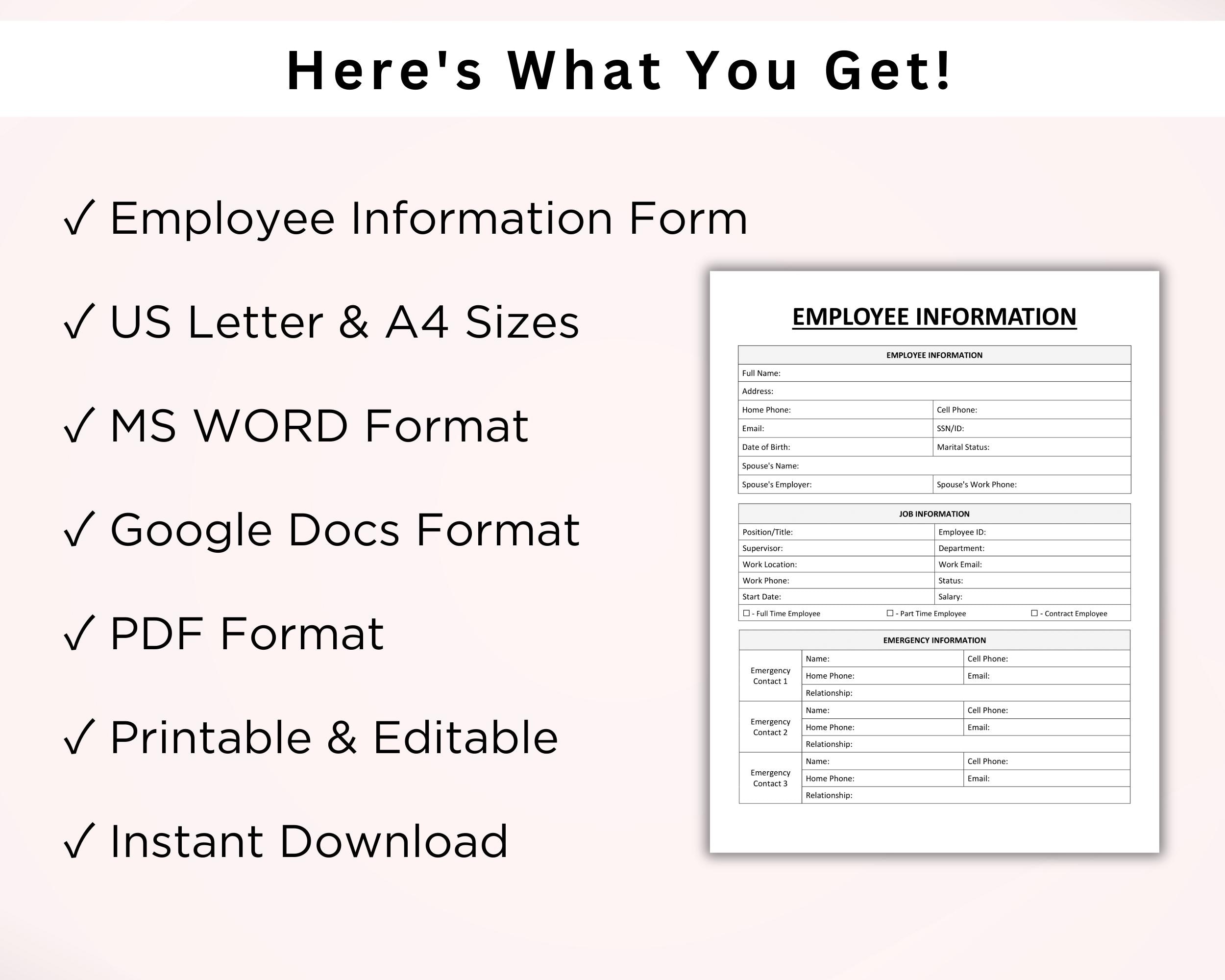 Employee Information Form. New Hire Forms. HR Templates. Employee ...