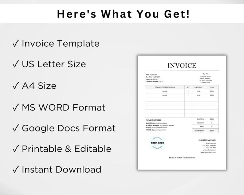 Editable Invoice Template. Printable Microsoft Word Invoice (A4 & US ...