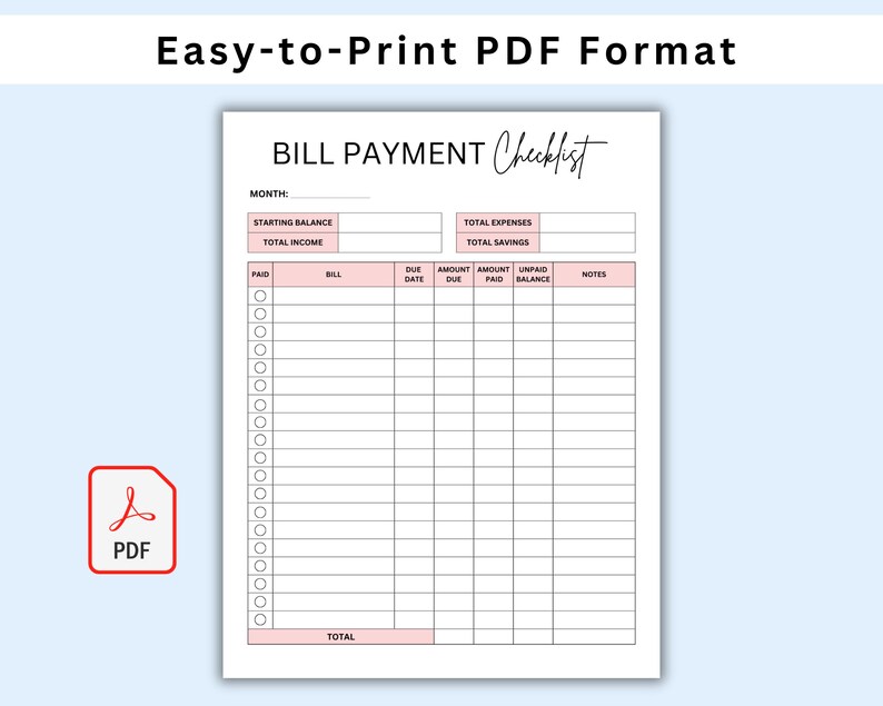 Bill Payment Checklist Tracker. Bill Pay Organizer. Bill Management ...