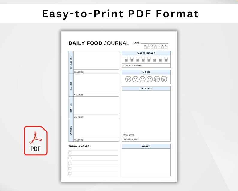 Printable Food Journal. Daily Calorie Tracker. Food Diary. Water Intake ...