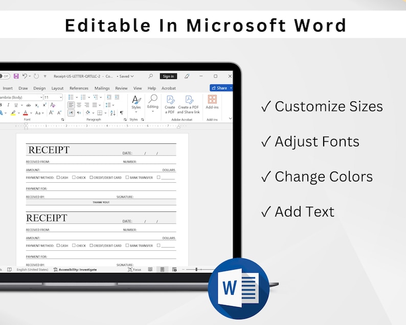 Receipt Template Printable. Customer Receipt. Editable Payment Receipt ...
