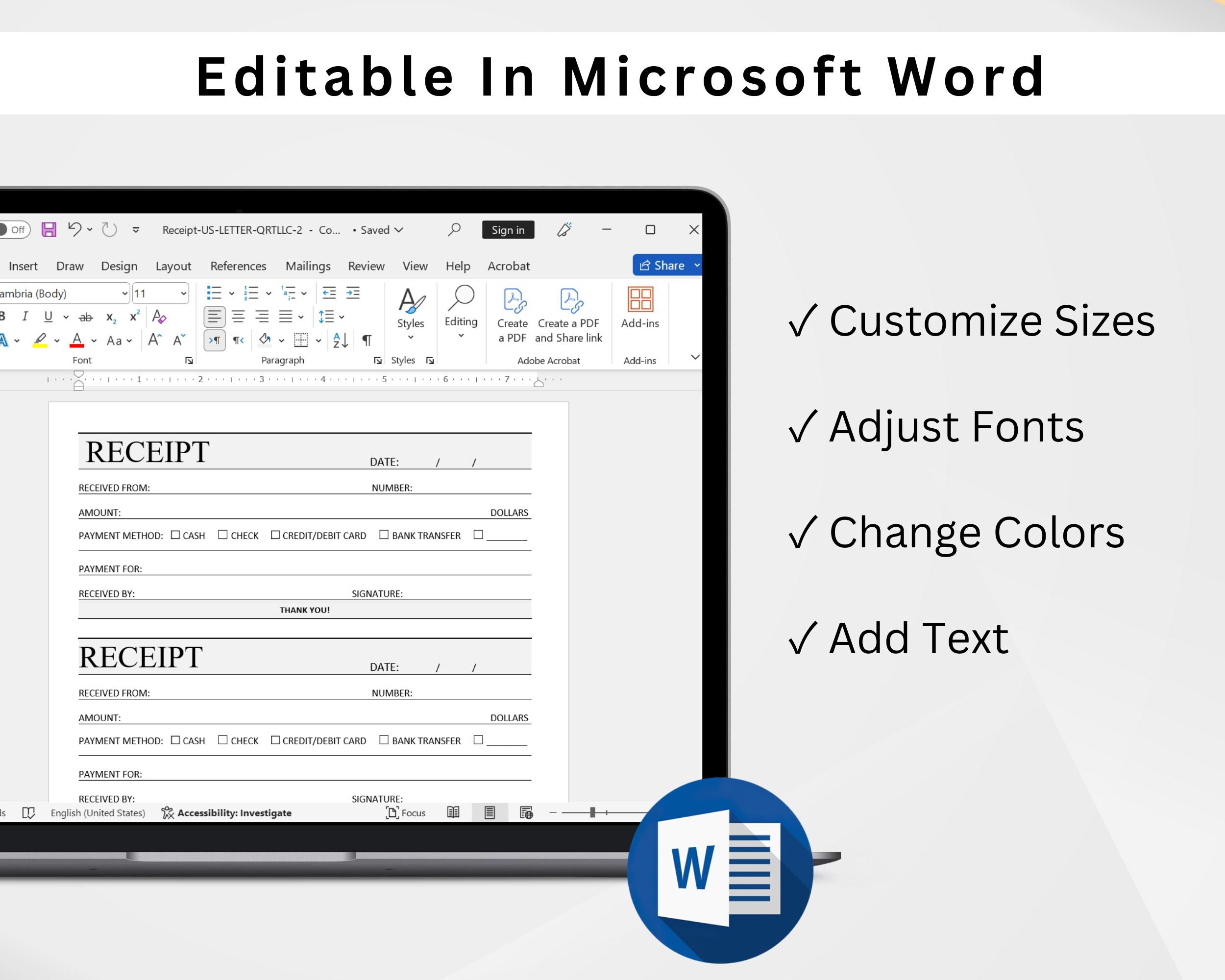 Receipt Template Printable. Customer Receipt. Editable Payment Receipt ...