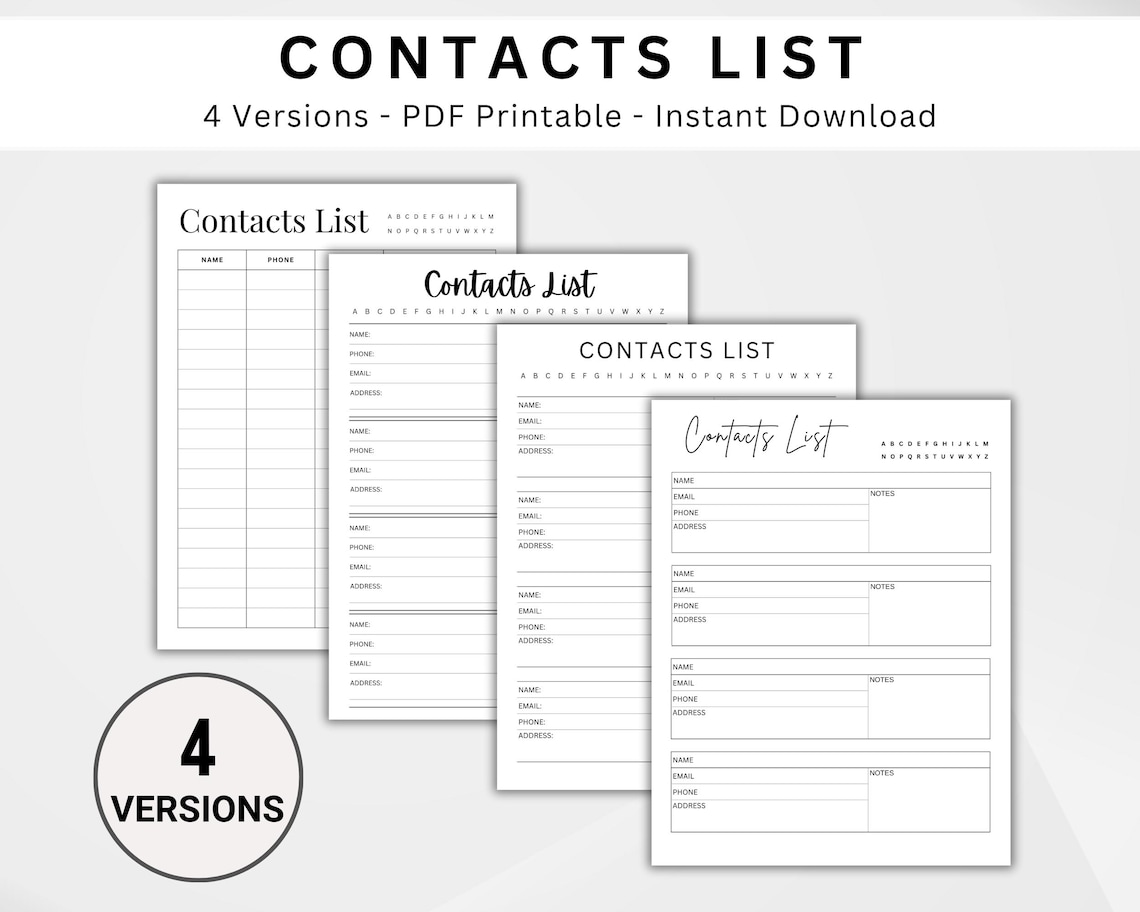 4 Contacts List Printable. Contact Information Template. Contact Sheet ...