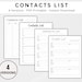 4 Contacts List Printable. Contact Information Template. Contact Sheet ...