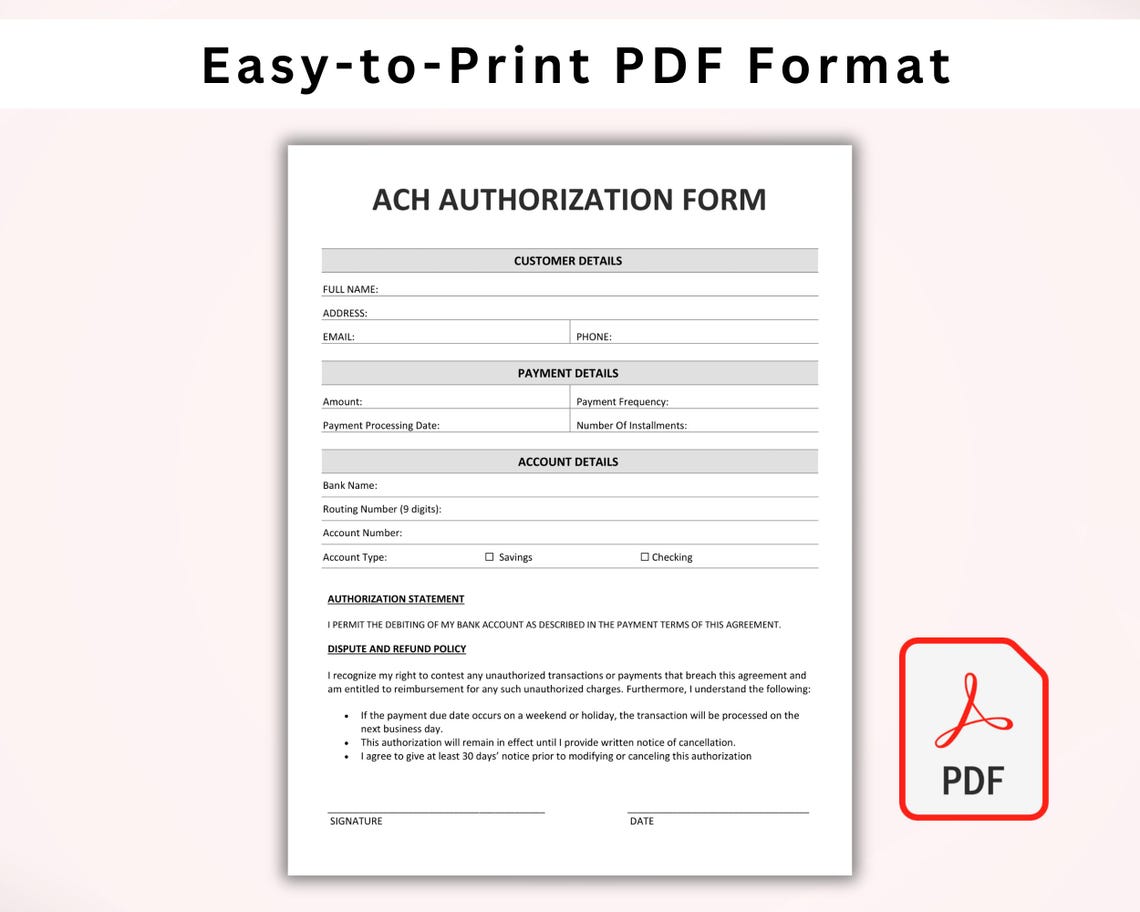 Printable ACH Authorization Form Template. Editable Debit Authorization ...