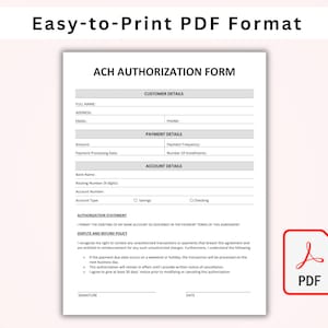 Printable ACH Authorization Form Template. Editable Debit Authorization ...