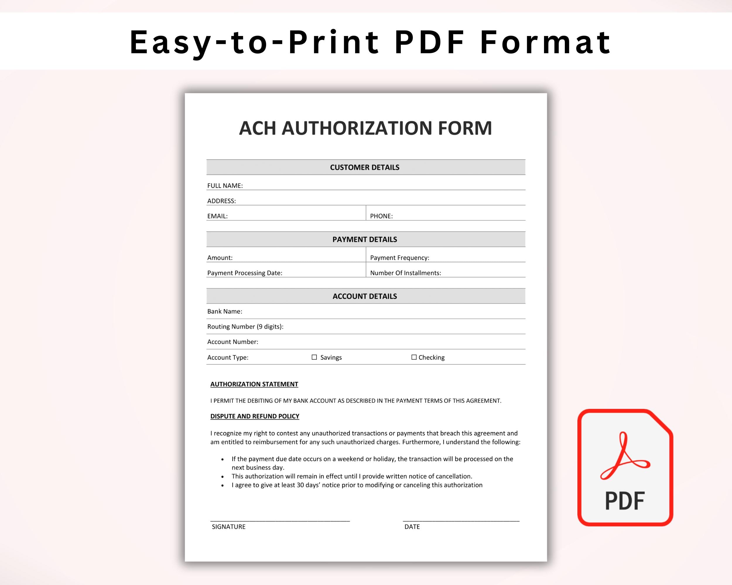Printable ACH Authorization Form Template. Editable Debit Authorization ...