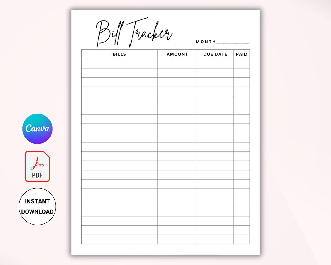 Editable Bill Tracker. Monthly Bill Log. Bill Planner. Bill Payment ...