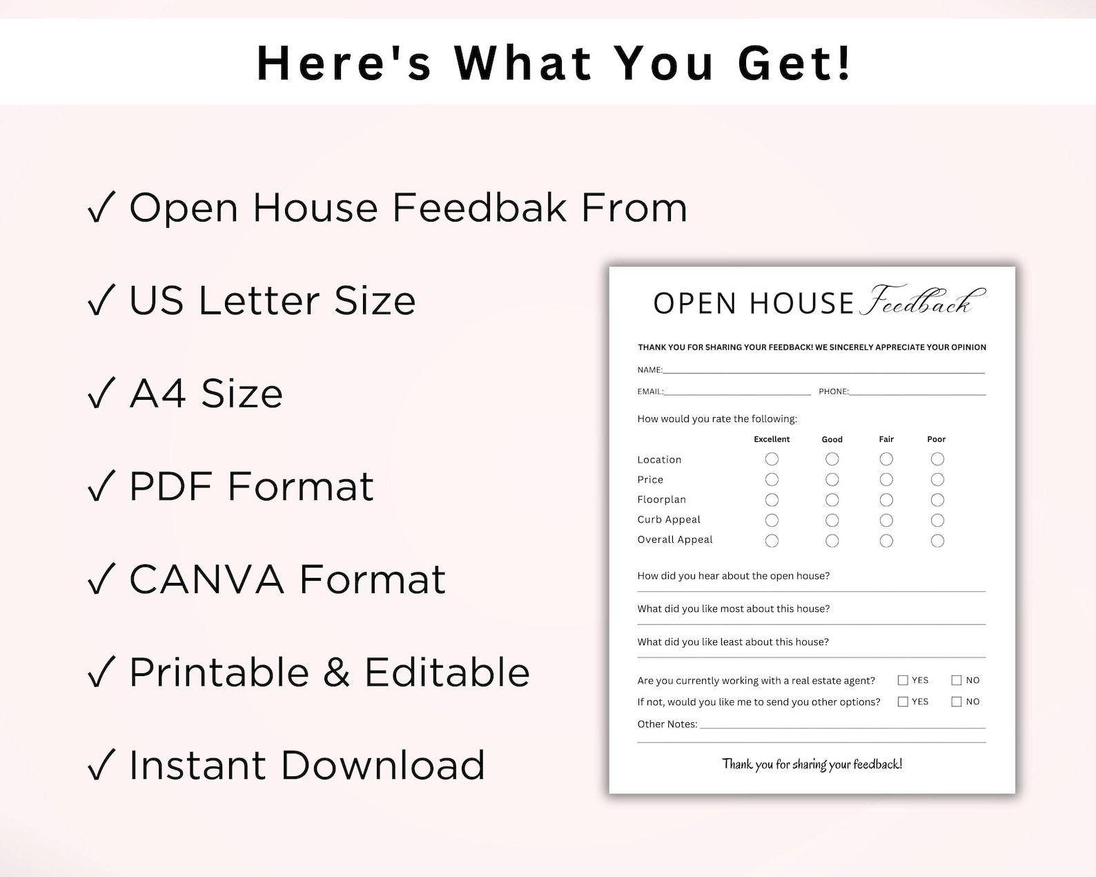 Open House Feedback Form Printable | Real Estate Agent Feedback Sheet ...