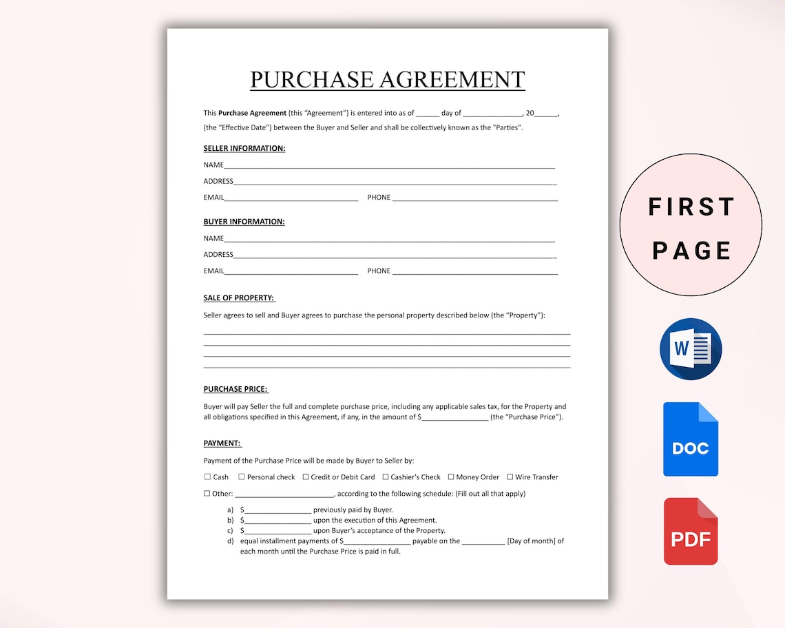 EDITABLE Purchase Agreement Template. Purchase and Sale Contract ...