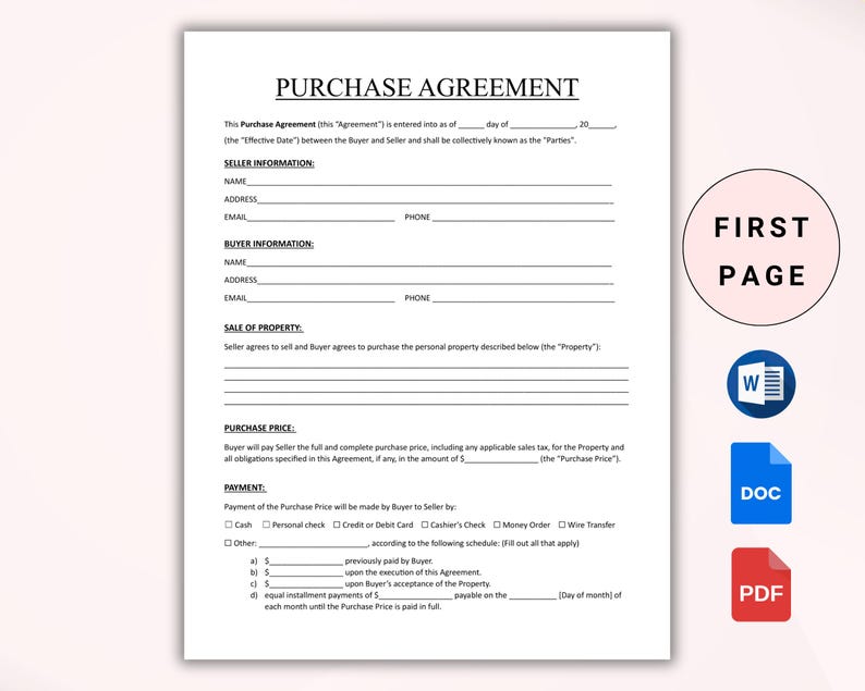 EDITABLE Purchase Agreement Template. Purchase and Sale Contract. Contract of Sales. Property ...