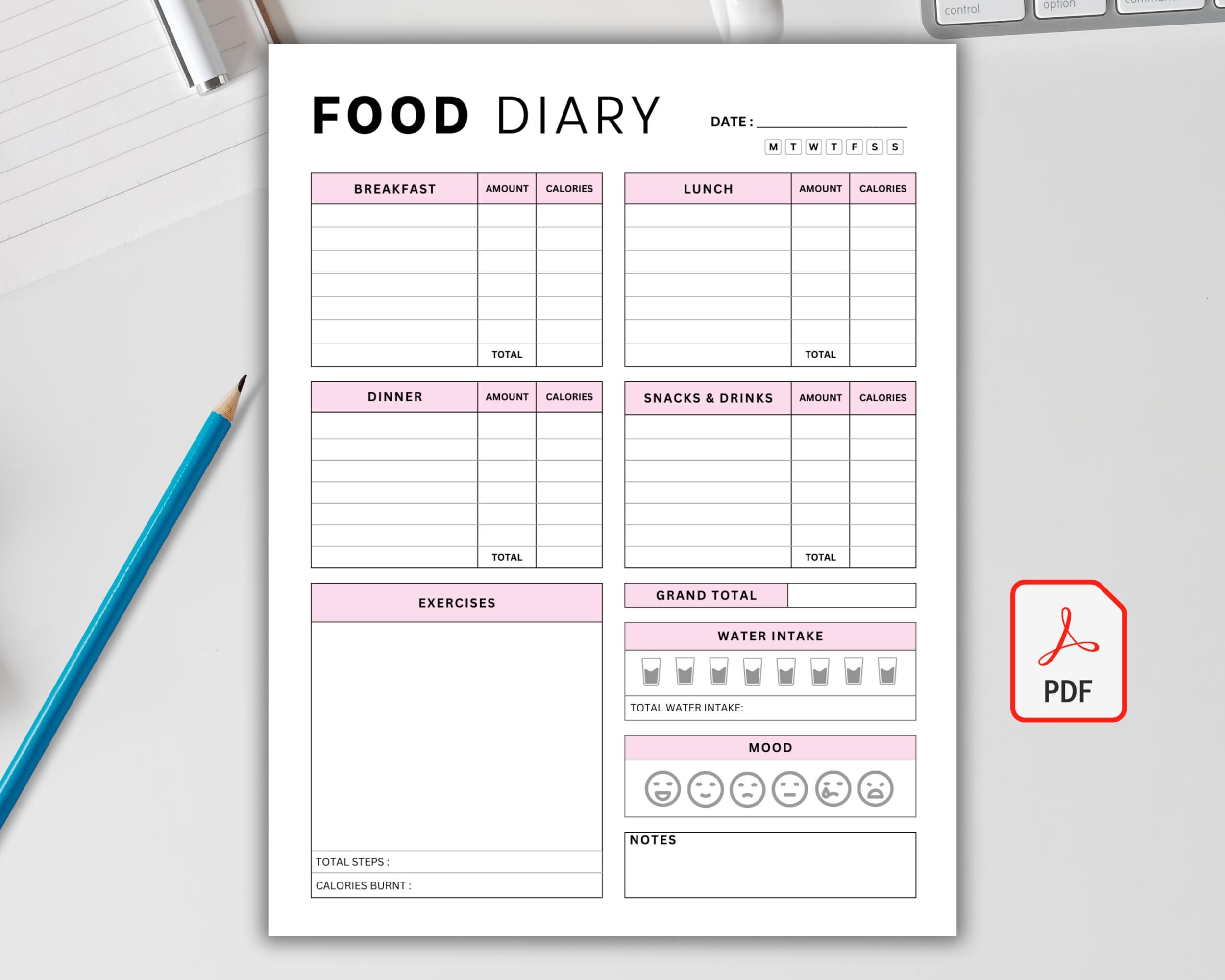 Printable Daily Food Journal | Calorie Tracker & Meal Planner | Fitness ...