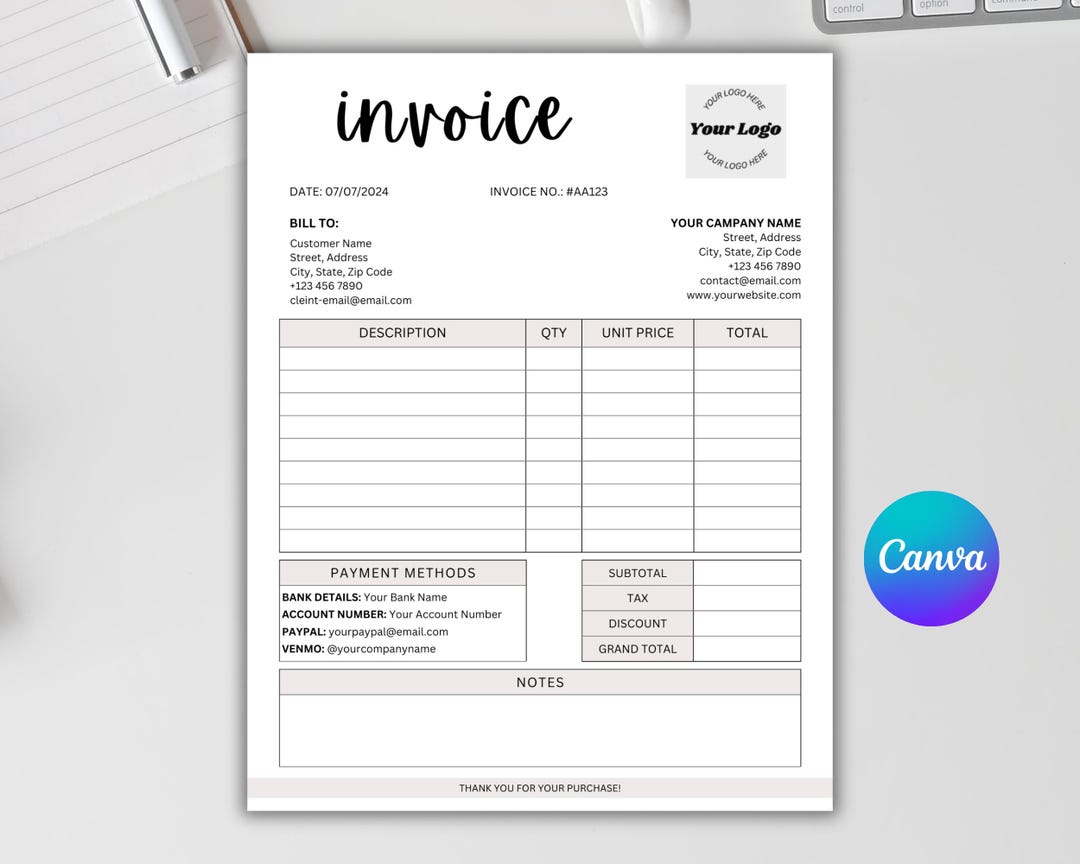 EDITABLE Invoice Template. Invoice Form. Custom Invoice. Small Business ...