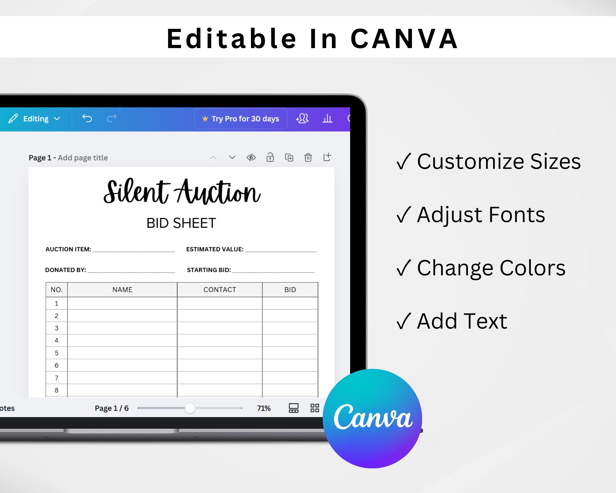 Printable Silent Auction Bid Sheet. Silent Auction Sign up Sheet ...