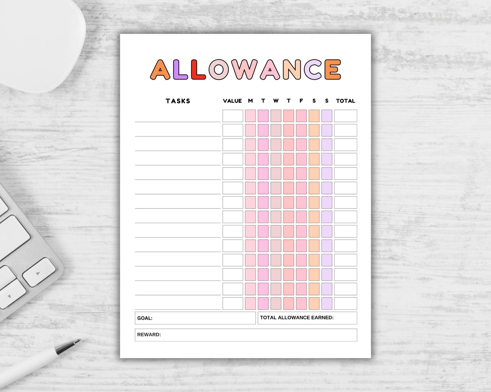 Allowance Chart for Kids. Allowance Chore Chart. Printable Allowance ...