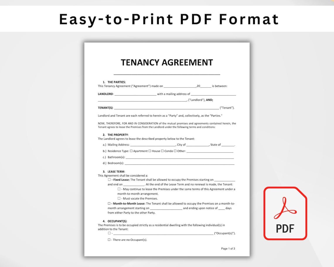Simple Tenancy Agreement Template. Rental Agreement Printable. Tenancy Agreement Form. Tenancy ...