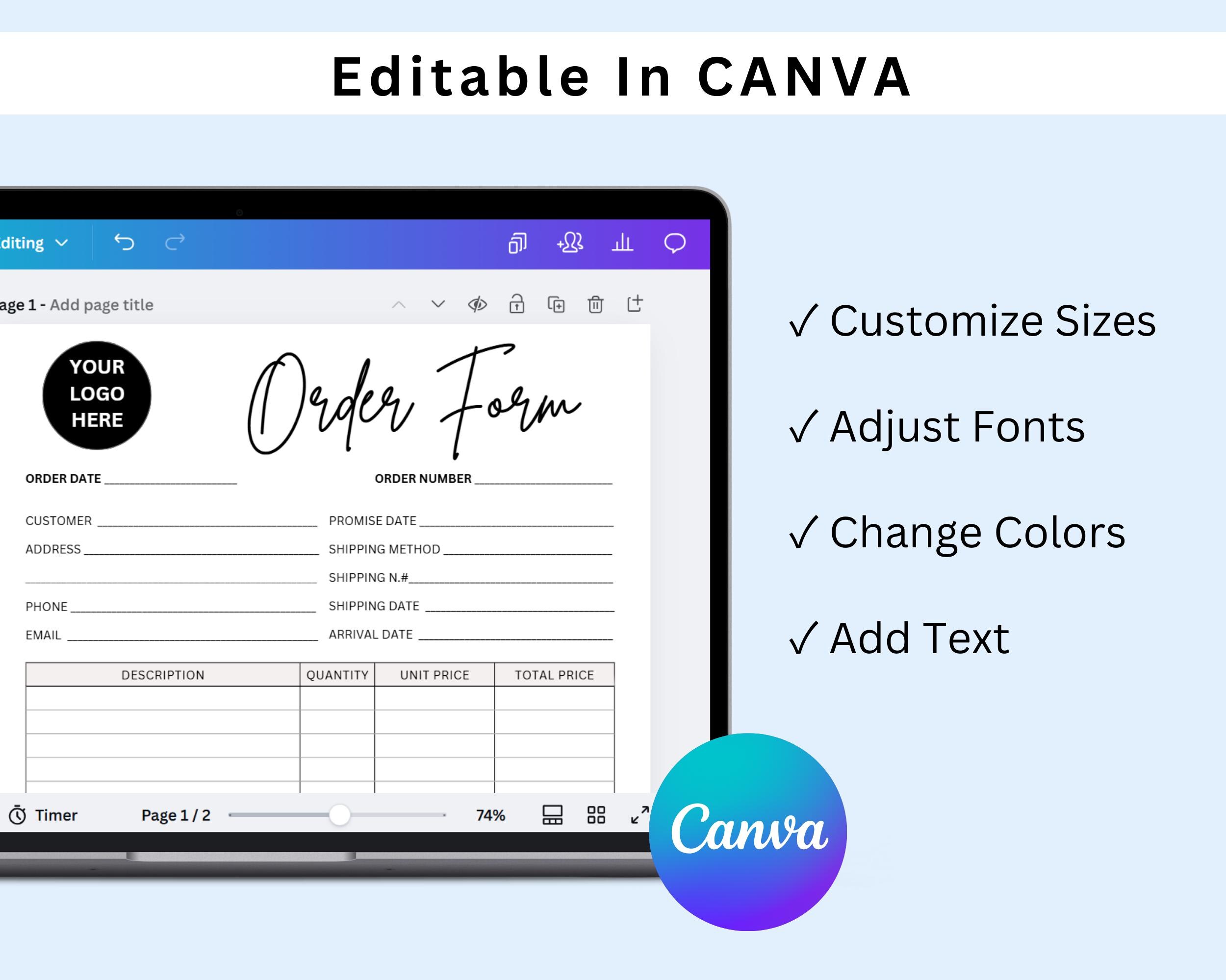 Editable Order Form Template, Printable Crafter Order Sheet, Custom ...