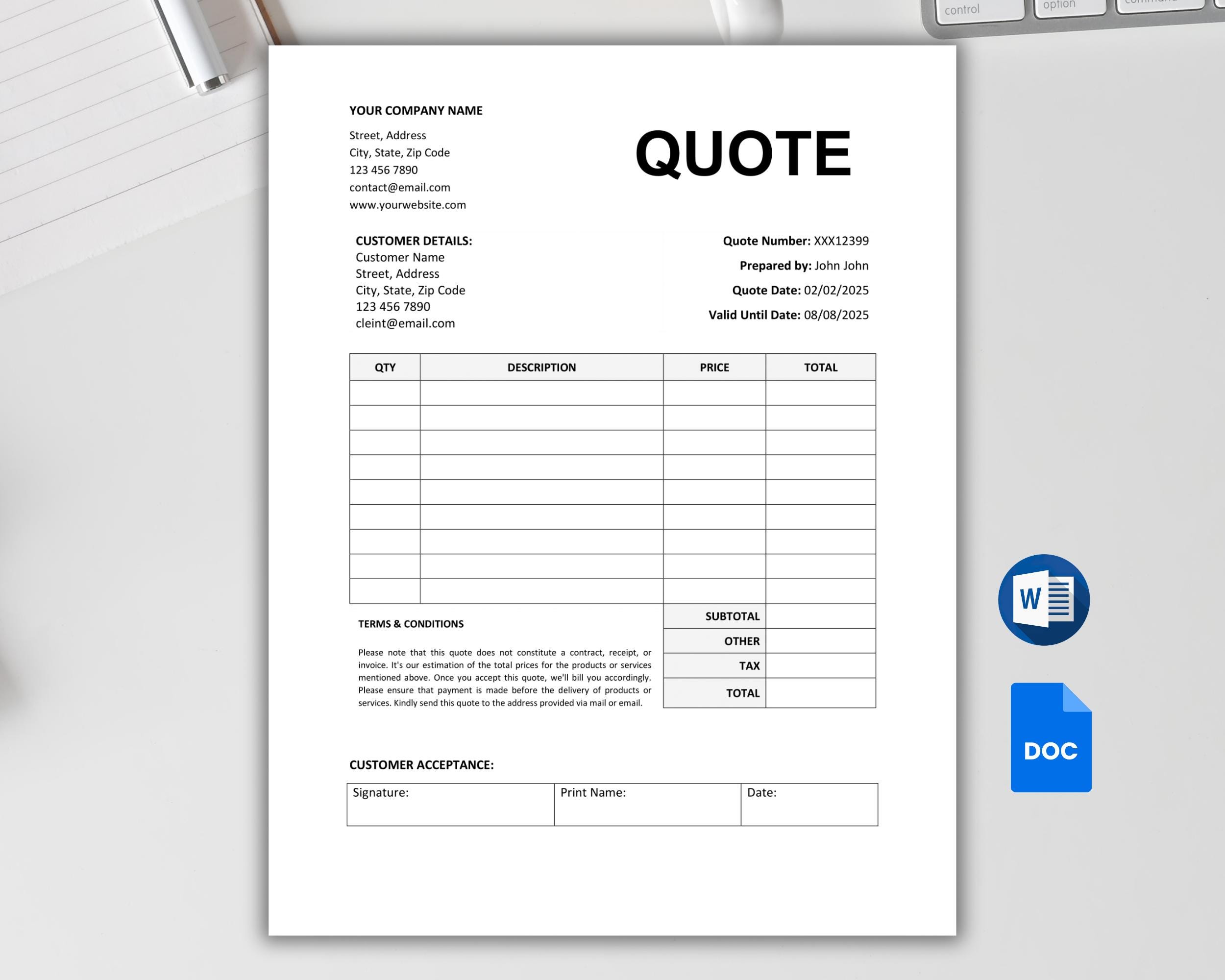 Quote Template. Quote Form. Job Quote. Job Proposal. Editable Quotation ...