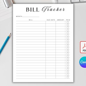 Monthly BILL Checklist Tracker Printable, Monthly Bill Log, Bill ...