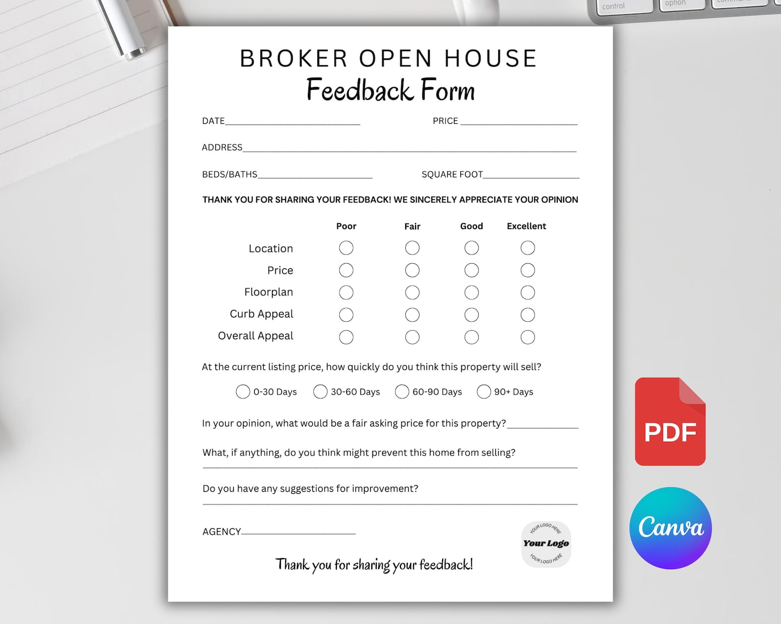 EDITABLE Broker Open House Feedback Form. Printable Real Estate Agent ...