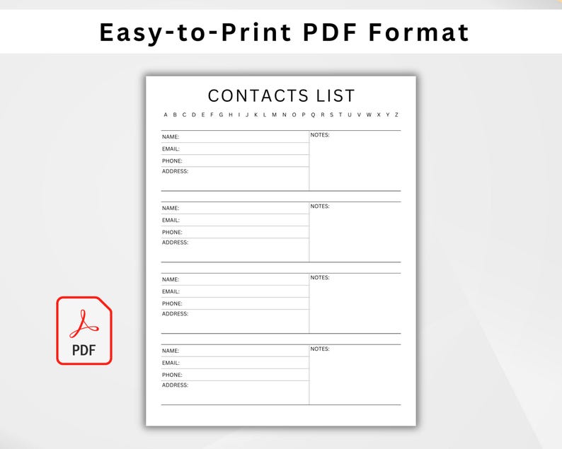 Contacts List Printable | Phone & Address Organizer | Personal Info ...