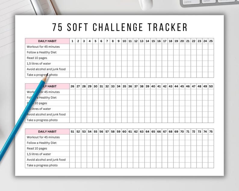 Editable 75 Soft Challenge Tracker. Printable 75 Soft Challenge. 75 Day ...