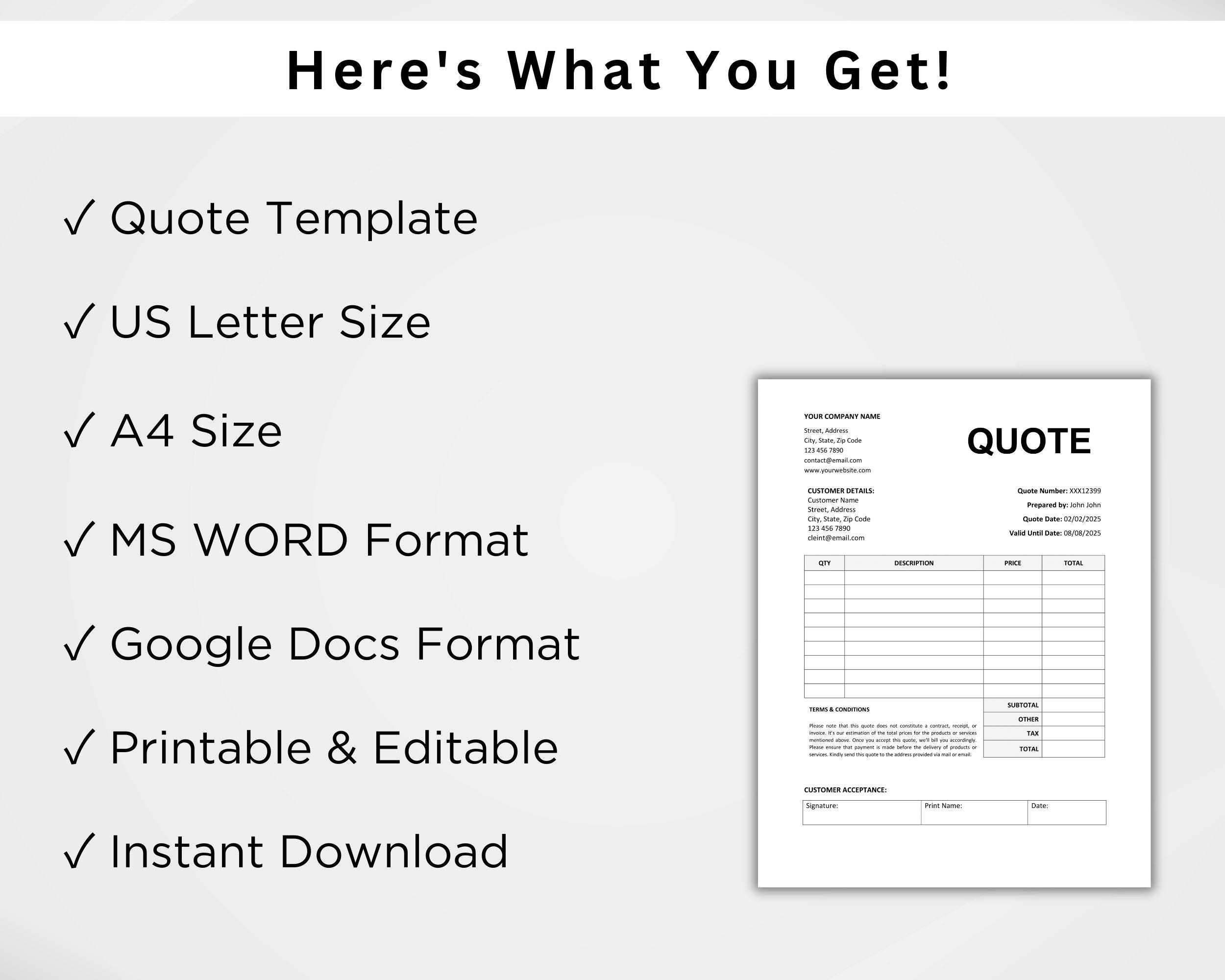 Quote Template. Quote Form. Job Quote. Job Proposal. Editable Quotation ...